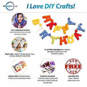 Glaciart One Happy Birthday Garland - Natural Handmade Wool Letters & Balls - Birthday Party Decorations & Party Supplies - Ready-to-Hang Art - 6Ft, Rainbow-Colored