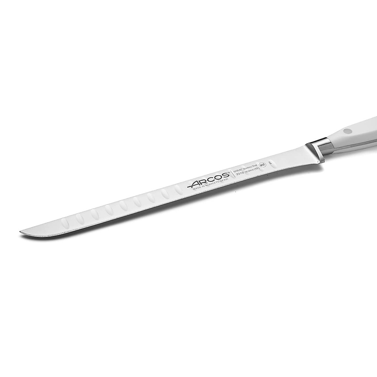 ARCOS Forged Slicing Knife / Ham Knife 10 Inch Nitrum Stainless Steel and 250 mm blade. Ergonomic Polyoxymethylene POM Handle. Series Riviera Blanc. Thin blade with a characteristic smooth edge. Color White.