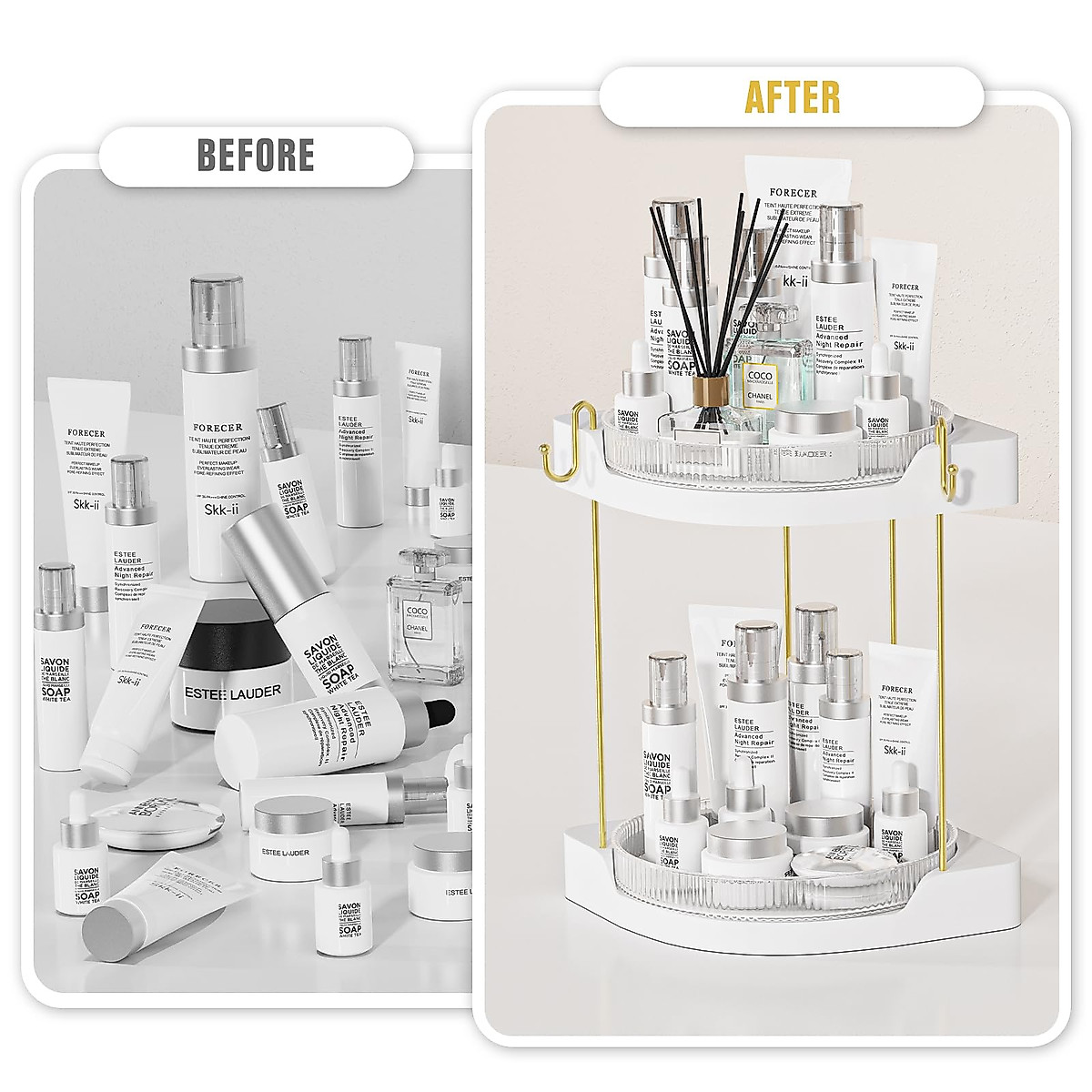 Asayuee 2-Tier Corner Bathroom Counter Organizer with Spinning Tray, Corner Skincare Organizers, Large Bathroom Countertop Organizer, Exquisite Vanity Organizer (Clear, 2-Tier)