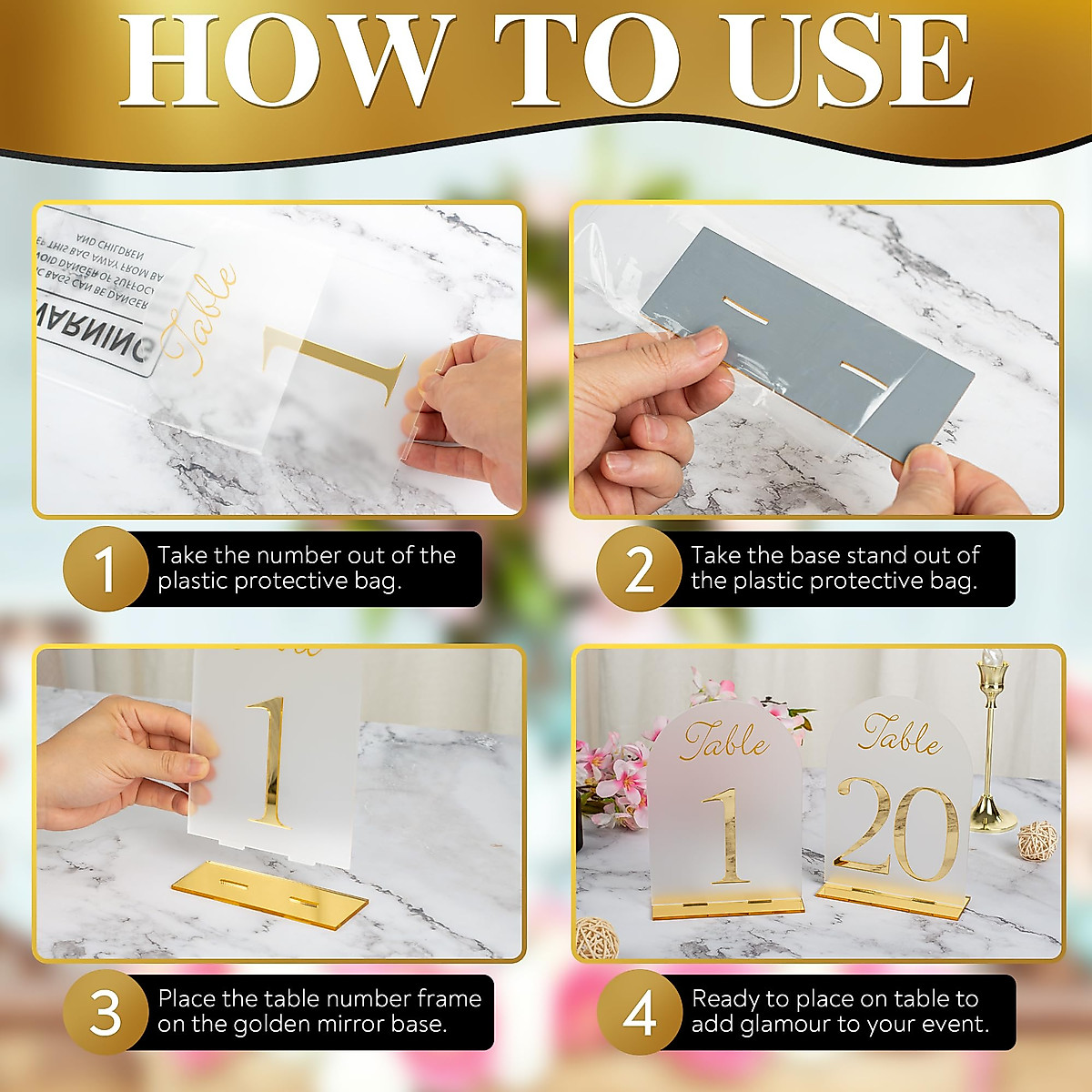 RoyalDecor's Frosted Arched Acrylic Table Numbers 1-20 with Gold Mirror Number and Stands - Perfect Wedding Table Decorations Accessories - Small Number Stand Centerpieces for Reception Tables - 5x7
