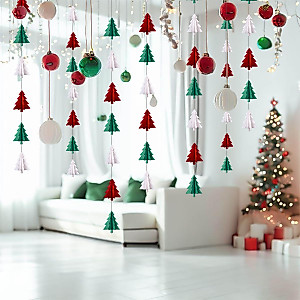 Red White Green Christmas Decorations - 2Pcs 3D Christmas Tree Paper Streamers Party Banner Garland Christmas Party Decorations Hanging Decor