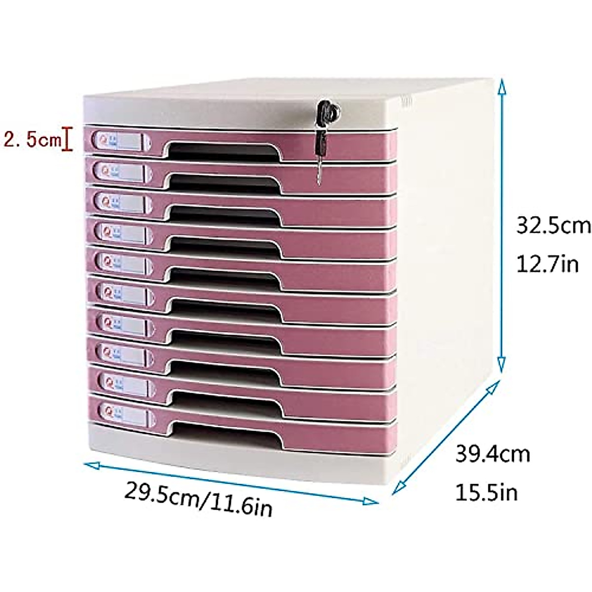 Storage Cabinet with Drawers Floor Storage Cabinet Flat File Cabinet Storage, Desktop Drawer Cabinet, Size 11.6''x 15.5''x 12.7'', Pink/Blue/Gray, 10 Layers with Lock/Blank Label, Increase Work Effici