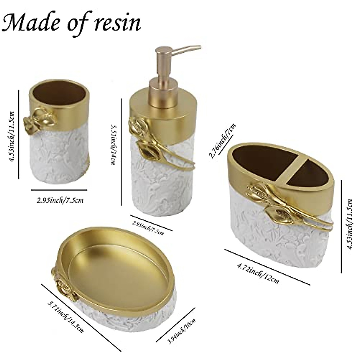 Hymmah Bathroom Accessories Set,Golden Design Toothbrush Holder,Farmhouse Bathroom Decor,4 Pcs Resin Gift Set Apartment Necessities, Contain Toothbrush Cup,Soap Dispenser,Soap Dish,Tumbler