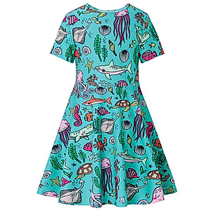 RAISEVERN Little Girl Dress Shark Octopus Turtle Ocean Short Sleeve Casual Sundress Kids Summer Swing Twirly Midi Dresses 2 Years Old