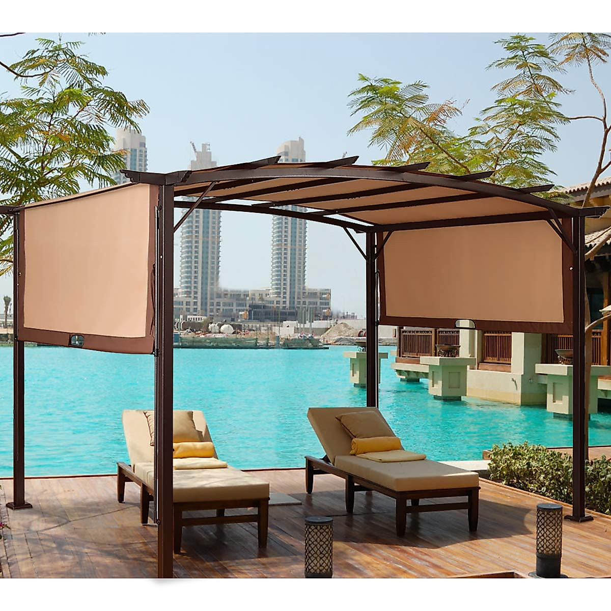 Tangkula 12' x 9' Pergola Gazebo Canopy Outdoor Patio Garden Steel Frame Sun Shelter with Retractable Canopy Shades