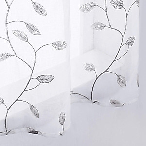 MRTREES Sheer Voile Curtain Valances, Leaves Embroidered Valance Curtains Rod Pocket, Small Sheer Window Curtains Treatment for Bedroom/Living Room/Kitchen/Basement(1 Panel, 54x16 Inches, Grey Leaves)