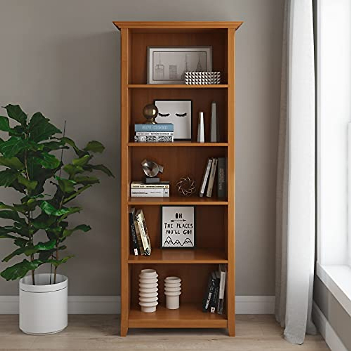 SIMPLIHOME Amherst SOLID WOOD 30 Inch Transitional 5 Shelf Bookcase in Light Golden Brown, For the Living Room, Study Room and Office