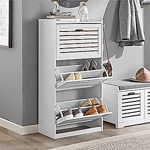 Haotian FSR108-W, White Shoe Cabinet with 3 Flip Drawers, Freestanding Shoe Rack with Hooks, Shoe Storage Cupboard Organizer Unit