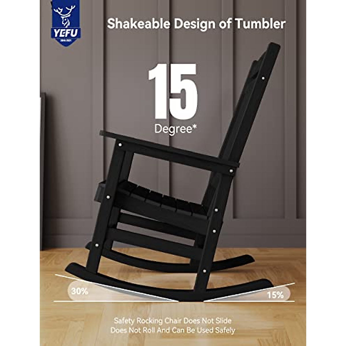 YEFU Outdoor Rocking Chair with Thin Cushion, Adirondack Chair for Indoor and Outdoor, Used in Patio, Fire Pit, Deck, Garden, Campfire Chairs(Black Chair+Gray Cushion)