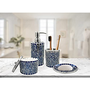 LushAccents Bathroom Accessories Set, 5-Piece Decorative Glass Bathroom Accessories Set, Soap Dispenser, Soap Tray, Vanity Tray, Jar, Toothbrush Holder, Elegant Midnight Blue Mosaic Glass