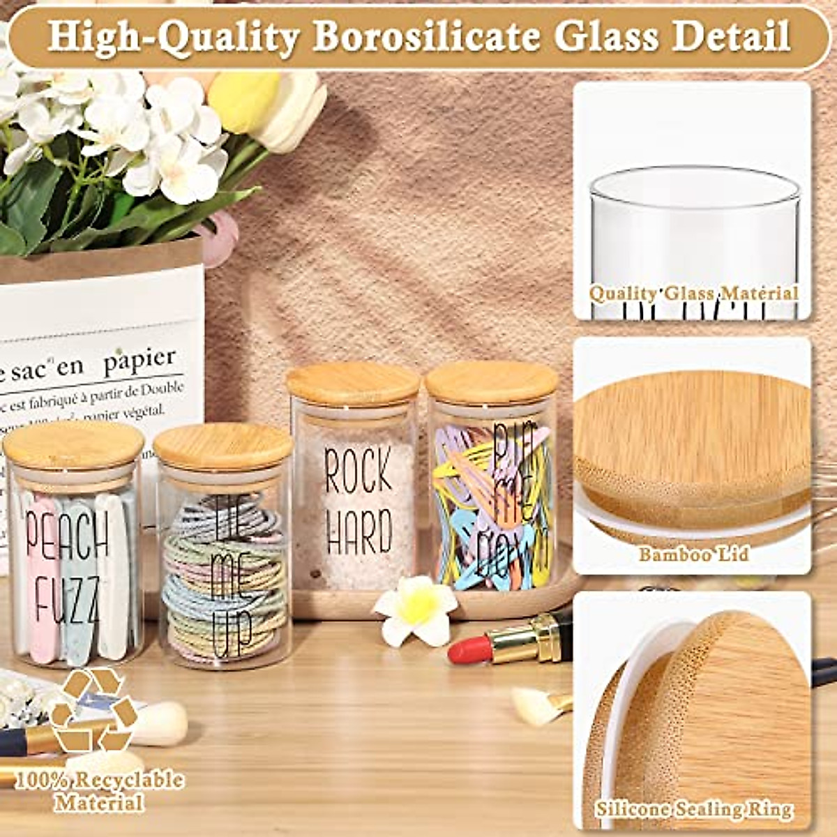 Lucomb Glass Apothecary Jars with Lids for Bathroom Storage Organizer, 4 Packs Cotton Ball Q-Tip Holder Hair Tie Organizer & Bobby Pin Holder Great for Funny Bathroom Canisters Decor Farmhouse Style