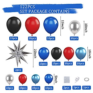 GREMAG Red Blue Black Balloon Arch, 122 Pcs Spider Theme Balloon Garland Kit, Royal Blue and Metallic Silver Blue Balloons with Two Silver Explosion Star Foil Balloon, for Boys Hero Theme Party Decor