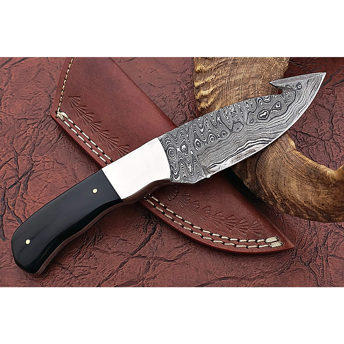 HUNTEX Handmade Hand-Forged Ladder Pattern Damascus Steel 8 Inch Long Full Tang Natural Buffalo Horn Handle Razor Sharp Hunting Camping Gut Hook Knife w/Genuine Leather Pouch