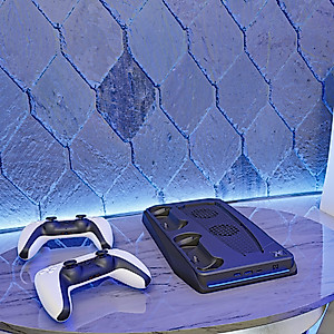 Q-View Vertical Stand for use with PlayStation 5, 4 in 1 Docking Station, Controller Charger, Cooling Fan and Games Storage Tray Compatible with PS5 Console, Disk and Digital Version