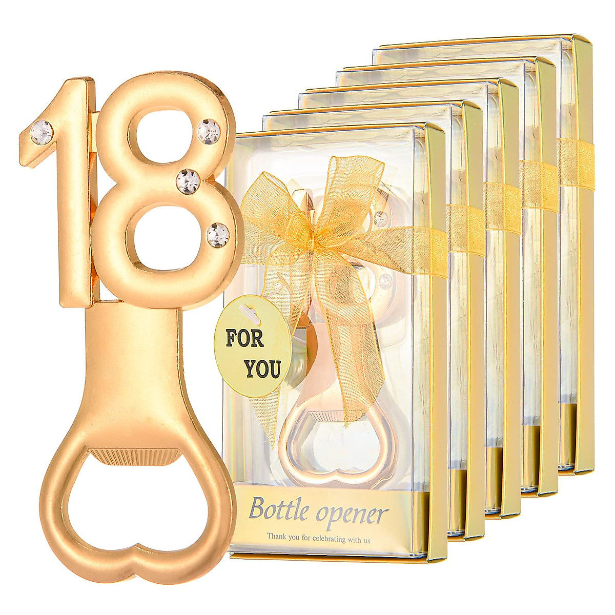 24Pcs Golden 18 Bottle Openers for 18th Birthday Party Favors Rhinestones Decorations for Wedding Anniversary Gifst Souvenrs or Keepsaks for Guests