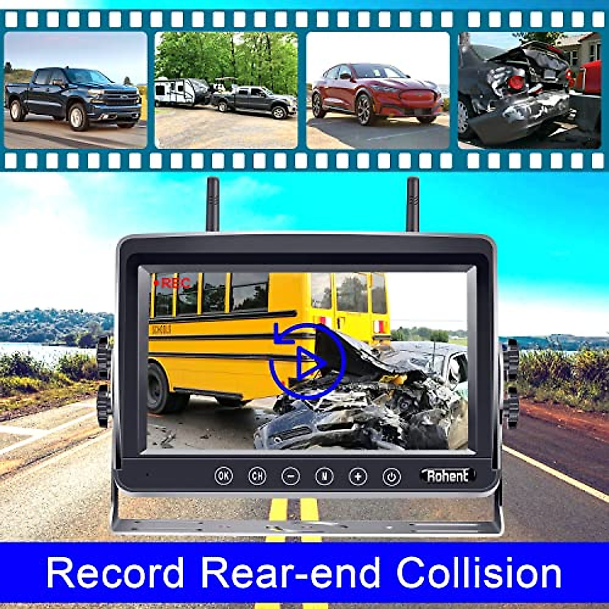 Rohent RV Backup Camera Wireless HD 1080P Bluetooth Trailer Rear View 7 Inch Monitor Recording Waterproof Four Channels Pigtail Wire Adapter for Furrion Pre-Wired RVs R5