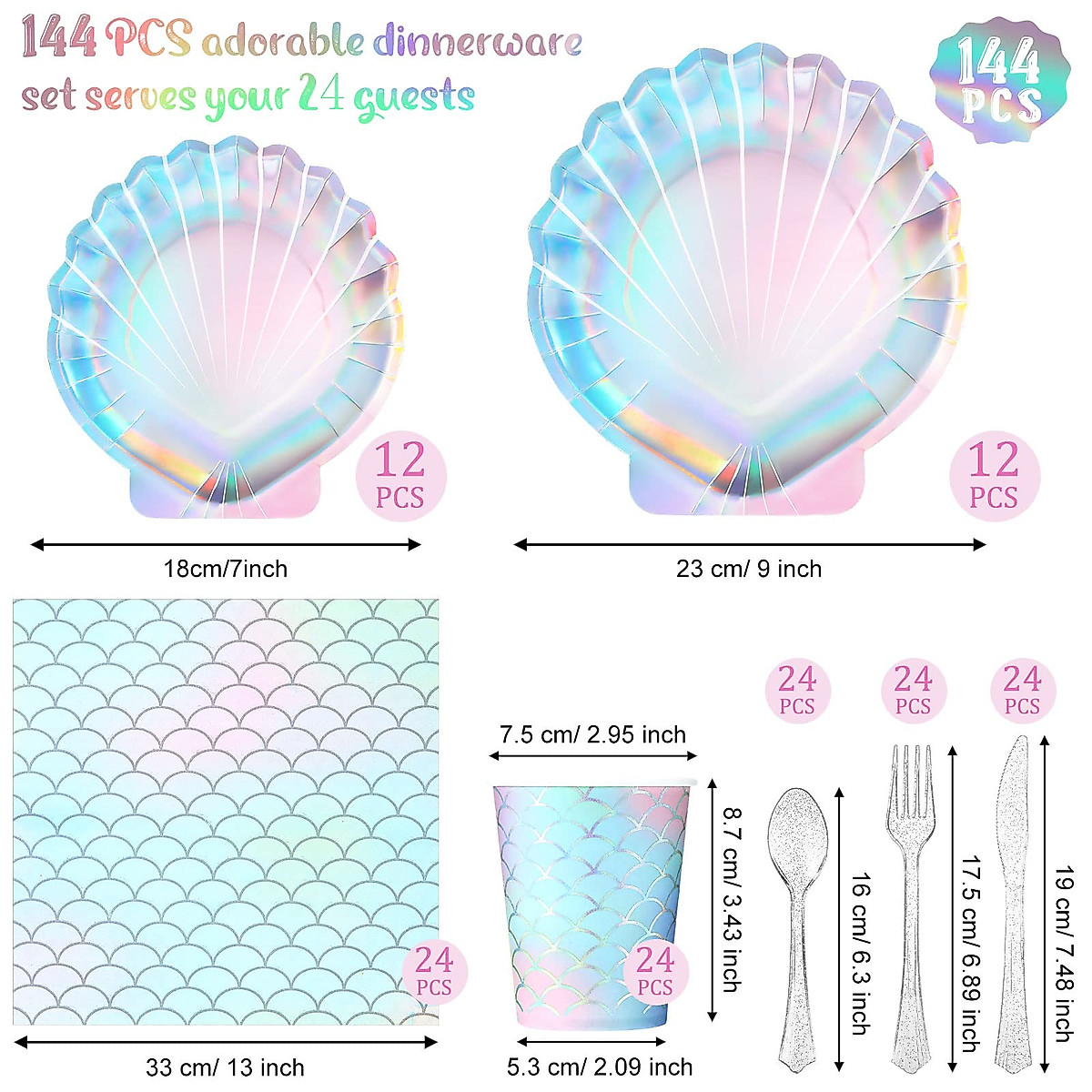 144 Pcs Mermaid Party Supplies Tableware Mermaids Themed Decorations Under the Sea Party Dinnerware Set Includes Plates Napkins Cups Spoons Fork Knives for Baby Shower Birthday Party(Classic Style)