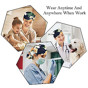 Mersov Watercolor Flowers Scrub Hats for Women Long Hair, Working Cap with Button & Sweatband, Unisex Tie Back 2 Packs, Multicoloured 5, Medium-3X-Large