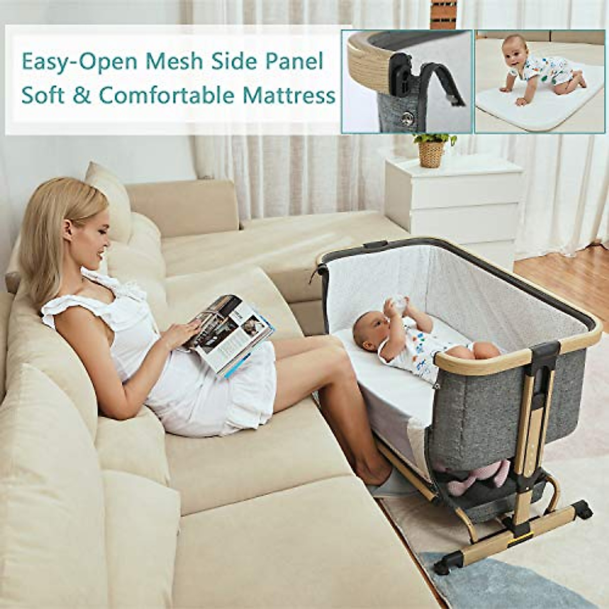 AMKE 3 in 1 Baby Bassinets, Bedside Sleeper for Baby, Baby Crib with Storage Basket for Newborn, Easy Folding Bassinet for Baby and Safe Co-Sleeping,Adjustable Portable Baby Bed,Travel Bag Included