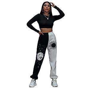 SOLY HUX Women's Graphic Letter Print Elastic Waist Sweatpants Color Block Cozy Running Joggers Pants Black White Sun S