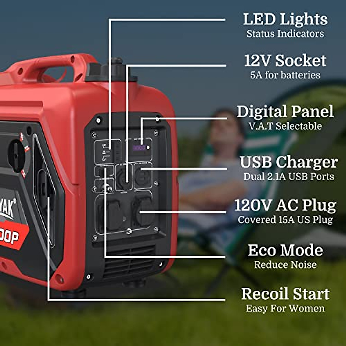 ERAYAK 2400W Portable Inverter Generator Gas-Powered, Ultra-Quiet Gas Engine RV Ready, EPA Compliant, Eco-Mode & Fuel Saving, Compact& Ultra Lightweight for Backup Home Use Camping