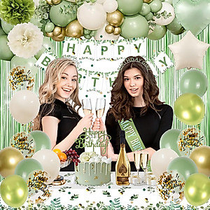 Sage Green Birthday Decorations, Green Gold Balloons Birthday Party Decorations Happy Birthday Banner Green Fringe Curtain Tablecloth Birthday Crown Sash Paper Pom Poms for Girls Women Birthday Decor