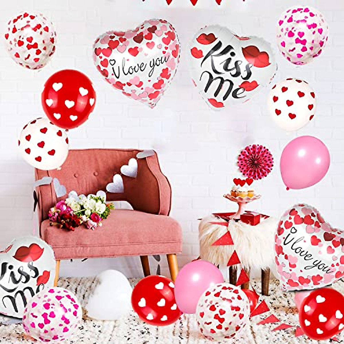 Valentines Day Decorations, 64Pcs Pink White Heart Print Balloons Heart Confetti Balloons Foil Balloons for Valentines Day Proposal Engagement Wedding Party Decorations