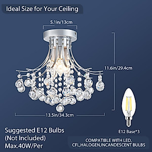 Bestier Modern Silver Crystal Semi-Flush Mount Chandelier Lighting Ceiling Light Fixture Lamp for Diningroom Bathroom Bedroom Livingroom 3 E12 Bulbs Required D13.5 inch X H11.6 inch