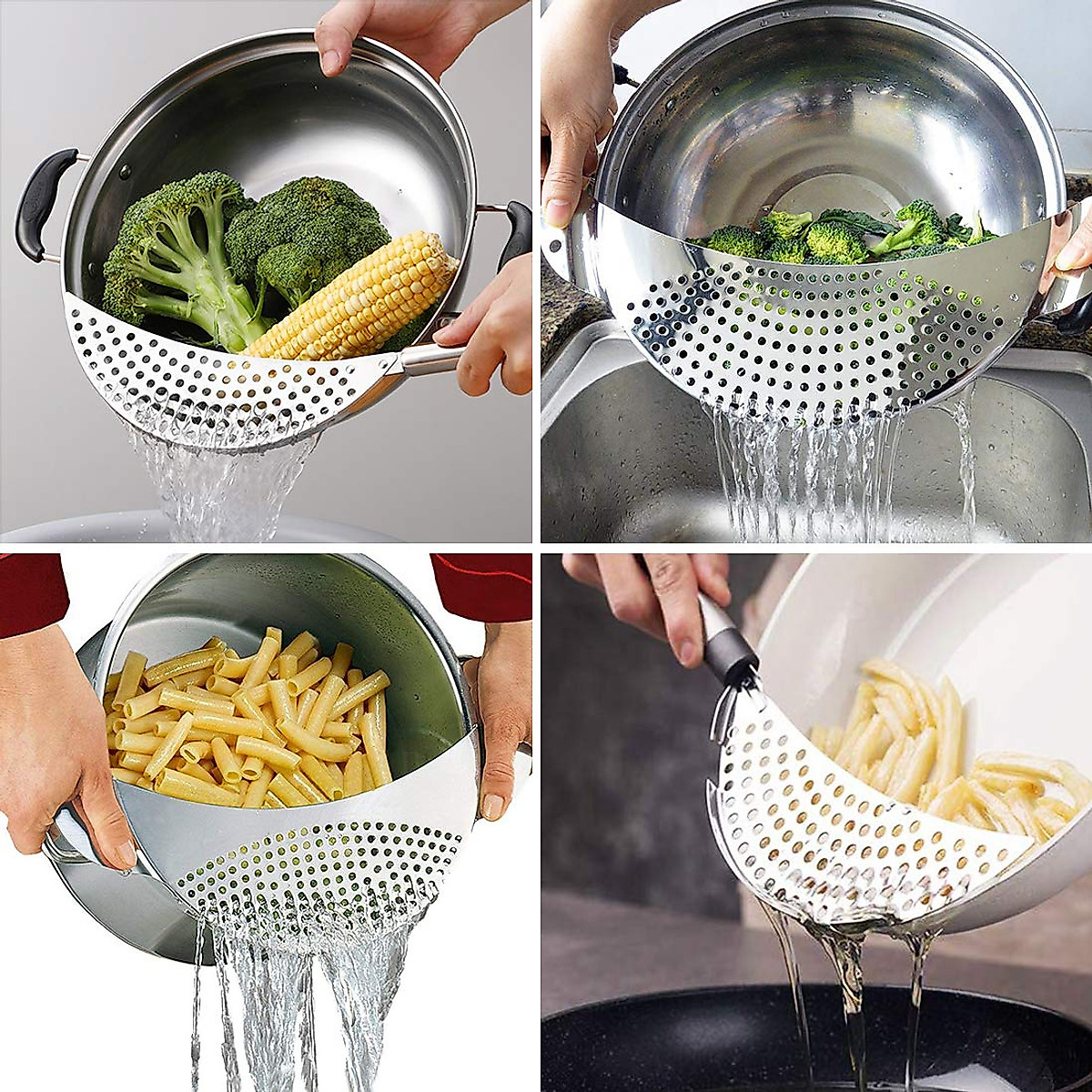 3pcs Stainless Steel Pot Strainer, Pasta Strainer Hand Held Pot Drainer with Handle, Crescent Pot Strainer Fits up to 9" Pots for Noodles Pasta Fruit Veggies