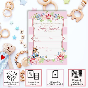 Amanda Creation Little Bunny Rabbit Baby Shower Invites for Girls, 20 5x7 Double Sided Fill In Pink Bunny Invitations with Twenty White Envelopes Floral Cards It’s A Girl