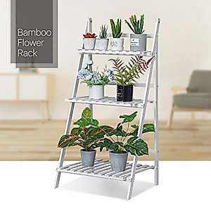 MoNiBloom Folding Bamboo Ladder Shelf 3 Tier Flower Pot Plant Display Rack Stand Organizer Holder for Home Garden Patio Balcony Indoor Outdoor Use, White