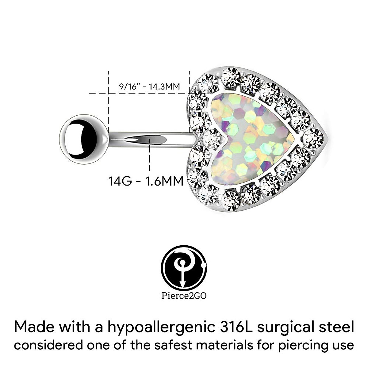 Pierce2GO 14G Silver 316L Silver Surgical Steel White Heart Belly Button Ring with Clear Stones 9/16" Barbell Body Piercing Jewelry Women