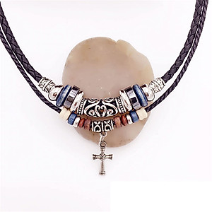 ONLYJUMP Bohemian Double Layers Leather Necklace for Men Women Vintage Boho Tribal Ethnic Wood Beads Braided Adjustable Hipppie Cross Hemp Cords Pendant Charm Choker Jewelry (Cross)