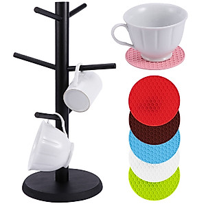 MOFUCA Coffee Mug Tree with 6 Coasters, Coffee Cup Holder Tea Cup Organizer with 6 Hooks for Counter Stand, Counter Bar Accessory(Size:Coaster Color: Mixed Color)