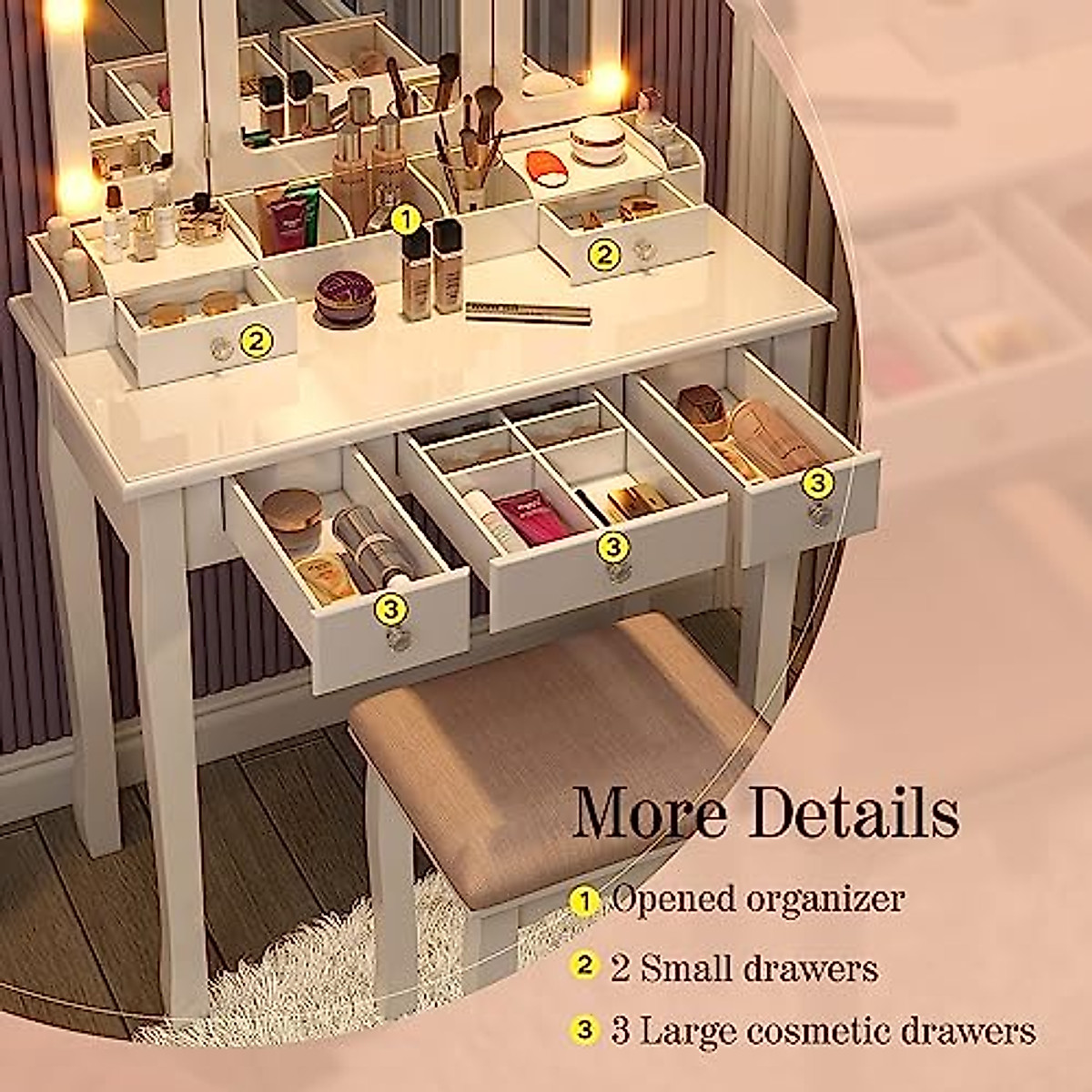 Longtesun Makeup Vanity Set Teen Vantity Set White Vanity Desk with Mirror and Lights Vanity Table with Lights Makeup Vanity with Lights Vanity Mirror with Lights Desk and Chair Makeup Vanity Table