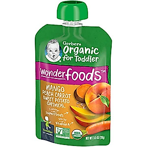 Gerber Organic for Toddler Wonder Foods Toddler Food Pouches, Mango Peach Carrot Sweet Potato Oatmeal, Organic & Non-GMO, 3.5 Ounce Pouches (Pack of 6)