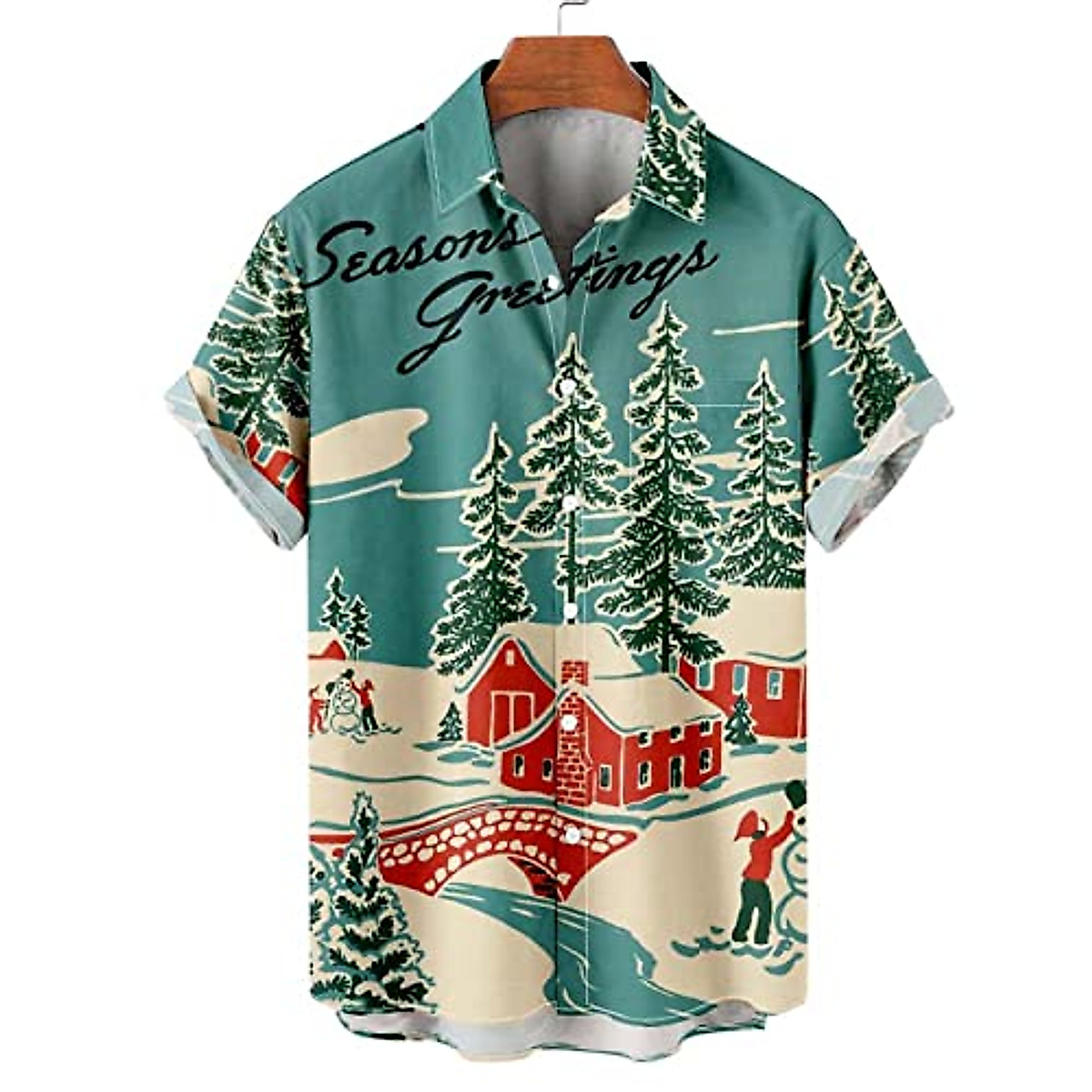 Lcxifdre Men’s Bowling Shirt Christmas Short Sleeve Button Up Shirts Xmas Santa Printing Plus Size T Shirts Loose Undershirts Light Blue