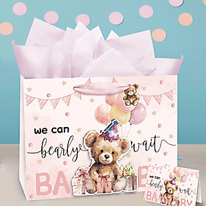 16" Large Baby Girl Gift Bag, 3D Making Pink Bear Baby Gift Bag with Handle, Tissue Paper and Greeting Card
