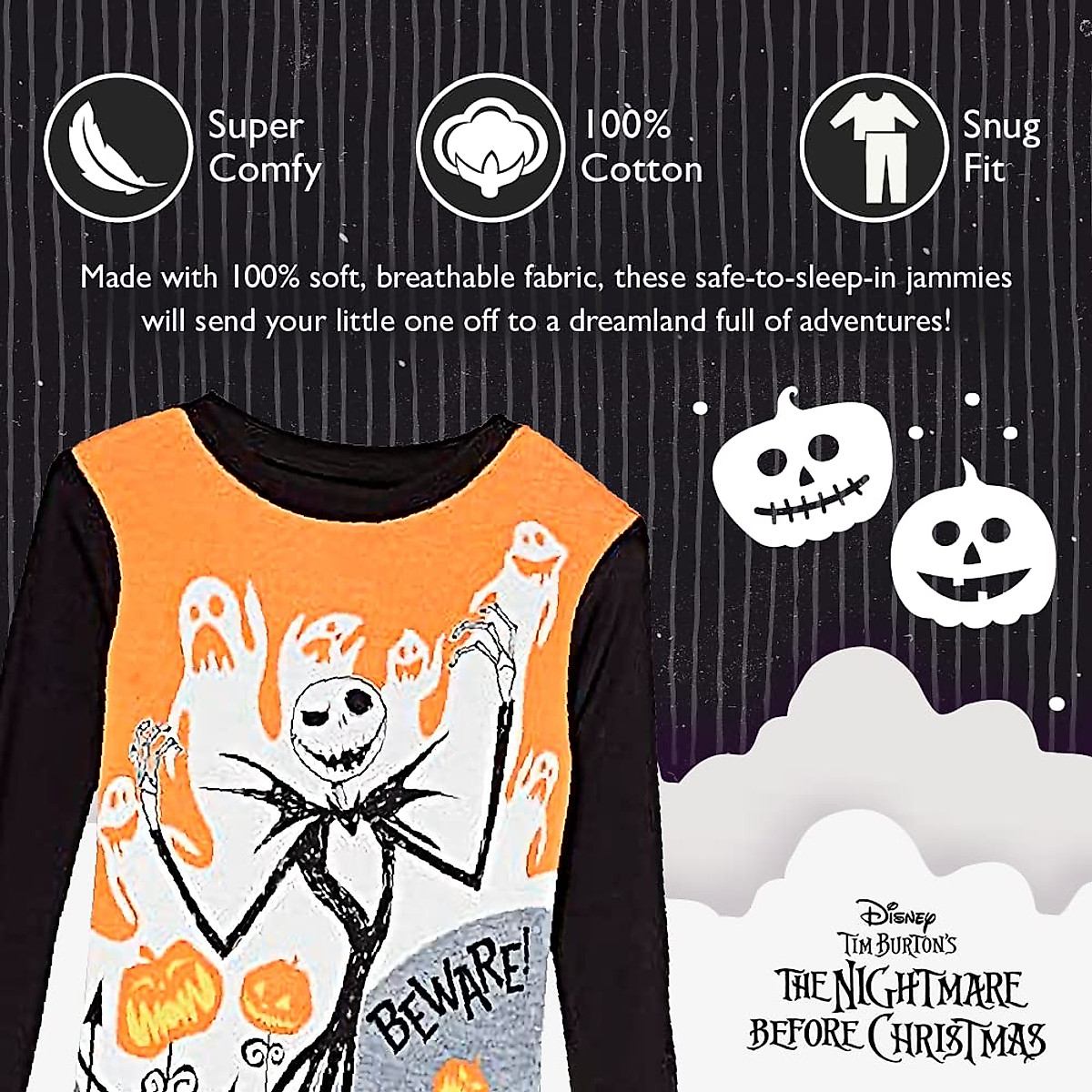 Disney Boys' The Nightmare Before Christmas 2-Piece Snug-Fit Cotton Pajamas Set, BEWARE JACK, 10