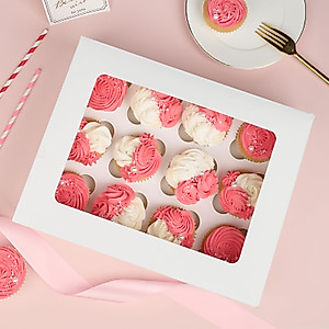 ZORRITA 12 Count Cupcake Boxes, 4 Pack Auto-Popup White Cupcake Containers with Window and Inserts Cupcake Carrier with Holders to Fit Dozen Cupcakes and Muffins