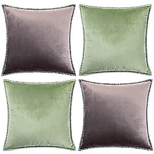 GAWAMAY Solid Soft Velvet Farmhouse Spring Pillow Covers 18x18 Set of 2,Decorative Green Throw Pillows with Chenille Edge,Square Boho Couch Pillows for Living Room Sofa Couch Beding(45x45cm) Green