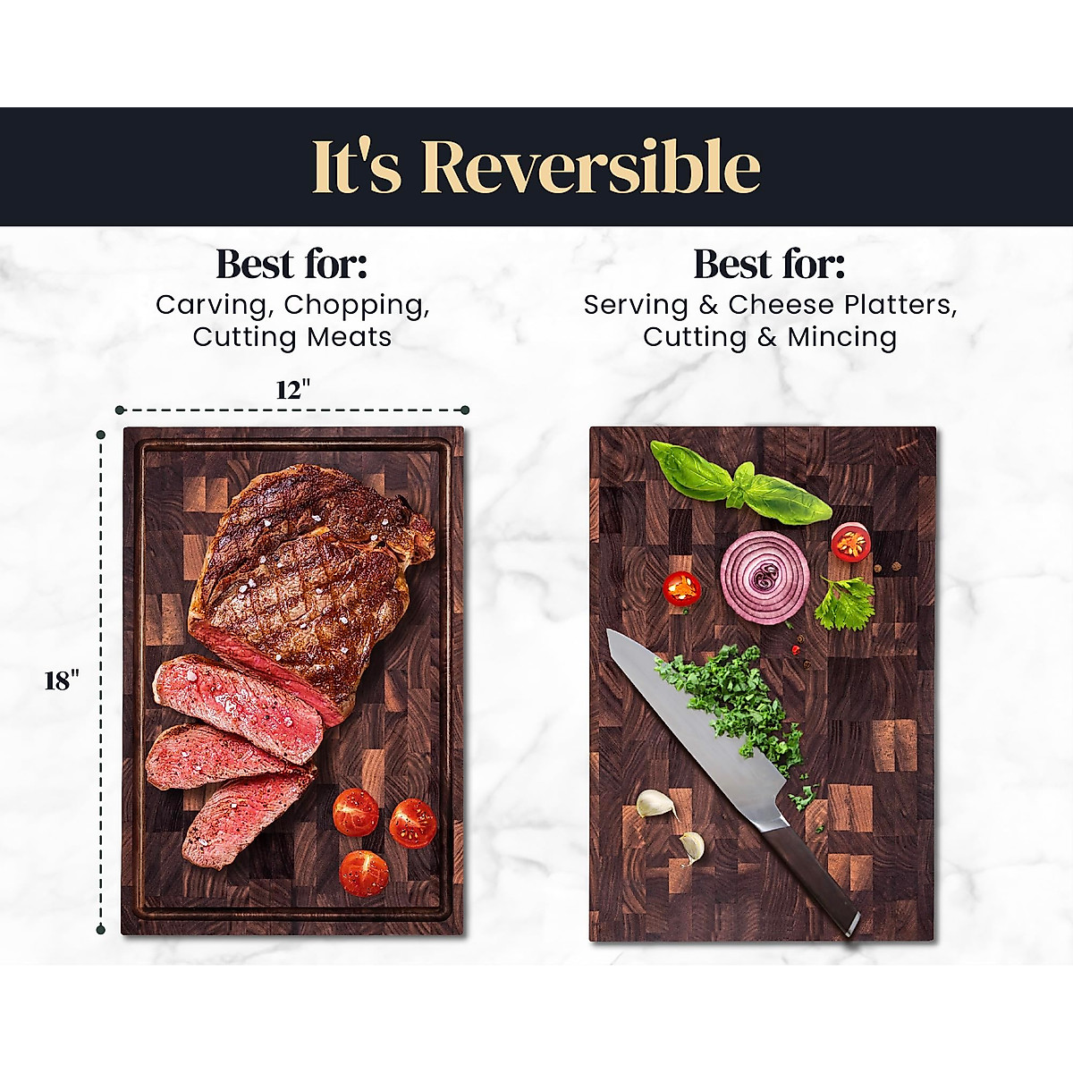 Mevell Walnut Wood Cutting Board for Kitchen, Reversible Wooden Chopping Board With Juice Grooves, Made in Canada (Walnut, 18x12x1.5)