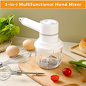NAYAHOSE Hand Mixer Electric Garlic Chopper Egg Beater, Cordless Handheld Food Processor with 300ML Glass Container, 3 Speed Adjustable, USB Rechargeable Electric Whisk for Cooking Baking