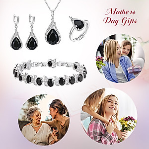 BriLove Sparkling Teardrop Cubic Zirconia Pendant Necklace Dangle Earrings Tennis Bracelet Adjustable Ring Set Gift for Wedding/Anniversary/Birthday/Christmas Black Silver-Tone