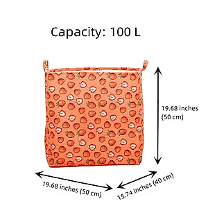 40L Laundry Basket, 100L Storage Bin, Collapsible Canvas Clothes Hamper, Closet Toy Organizer (Orange Strawberry Set)