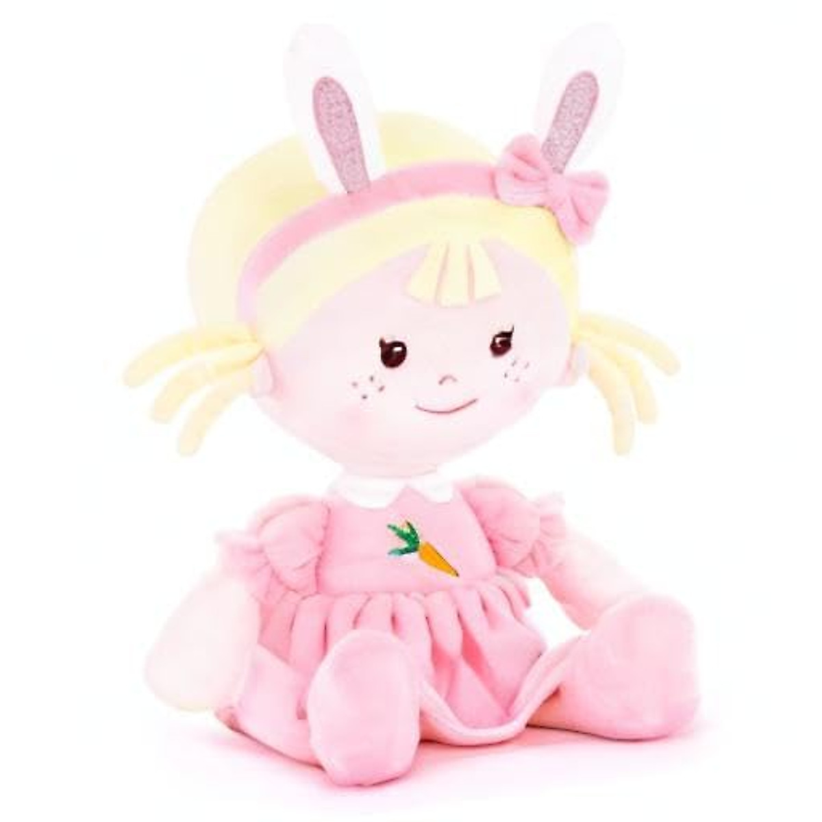 Onetoo First Baby Doll Easter Bunny Doll Plush Baby Doll Rabbit Doll Soft Baby Doll for Girls Wear Bunny Costume Pink Dress14