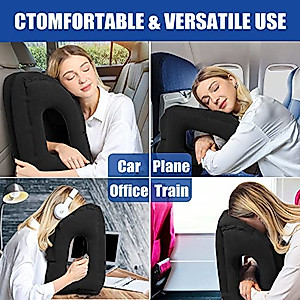 SAHEYER Inflatable Travel Pillow, Inflatable Neck Pillow for Airplane Travel Essentials and Office Nap, with 3D Eye Mask, Earplugs, Luggage Tag Initial & Portable Drawstring Bag (Black)