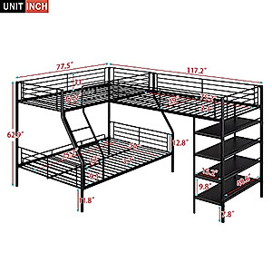 TARTOP L Shaped Bunk Bed for 3, Metal Triple Bunk Bed, Heavy-Duty Steel Frame Twin Over Full Bunk Bed and Twin Size Loft Bed with Four Built-in Shelves for Bedroom, Dorm, Boys, Girls, Adults,Black