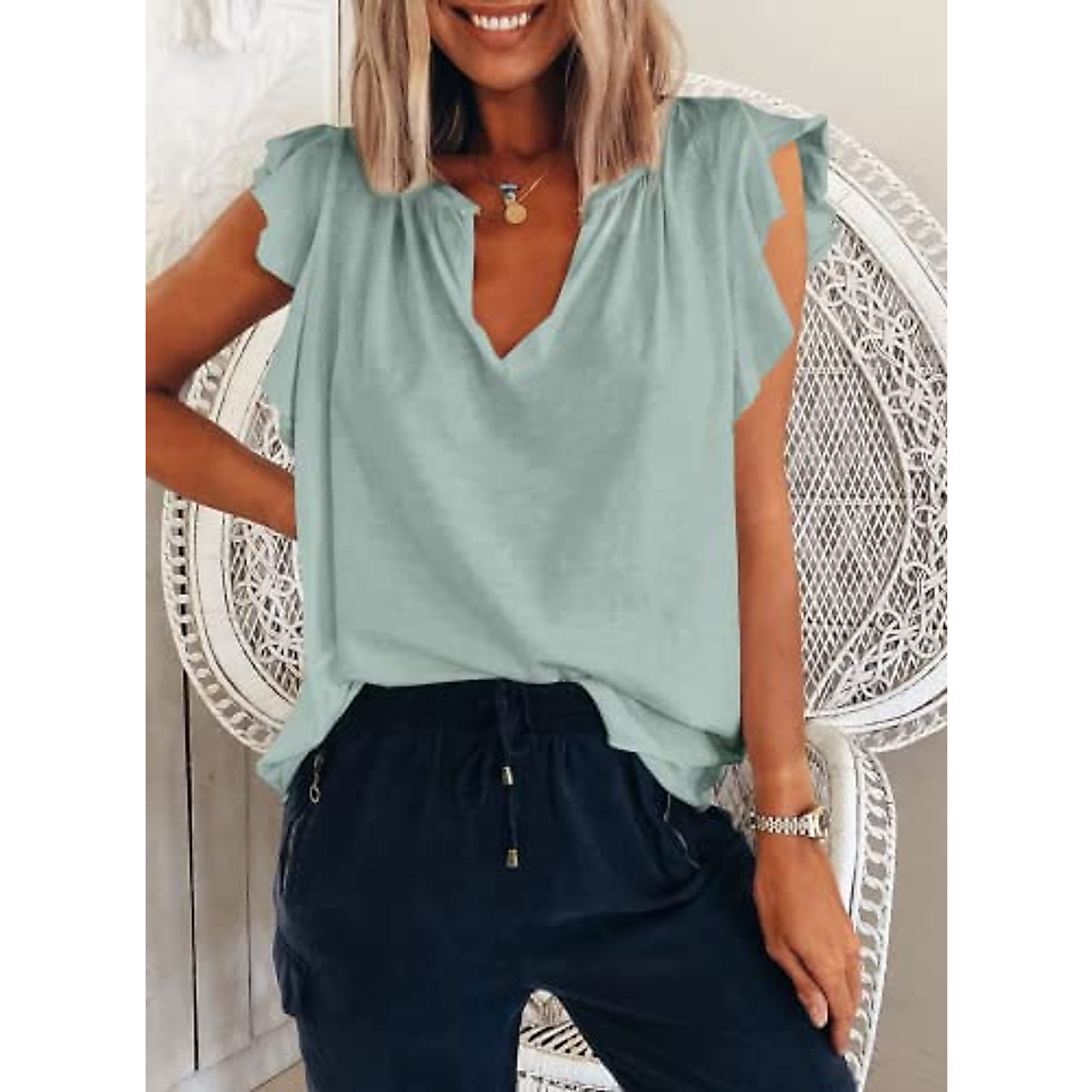 Dokotoo Womens Cute Ruffle Cap Sleeve Tank Tops 2023 Summer New Sexy Casual V Neck Solid Color Sleeveless Tee Shrits for Ladies Teen Girls Juniors (Green, Medium)