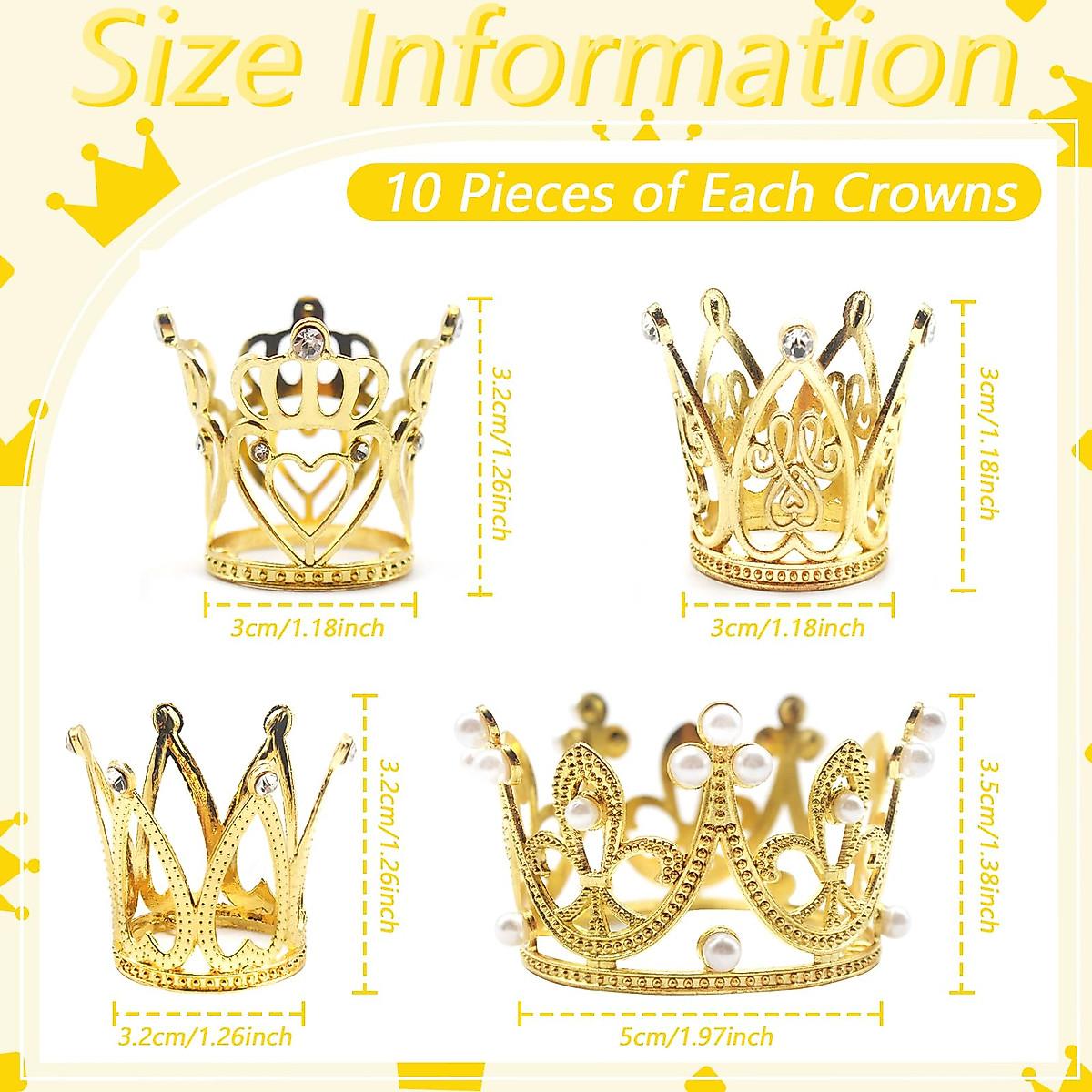 Benvo 40 Pcs Gold Crown Cake Topper Pearl Rhinestone Mini Crowns Small Diamond Tiaras for Flower Bouquet Cupcake Centerpieces Decoration of Girl Lady Bridal Wedding Birthday Party, 4 Crown Designs